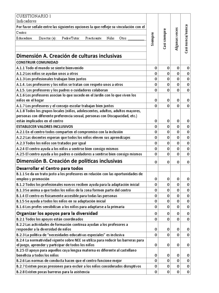 Cuestionario 1 Del Index para La Inclusion | PDF | Aprendizaje ...
