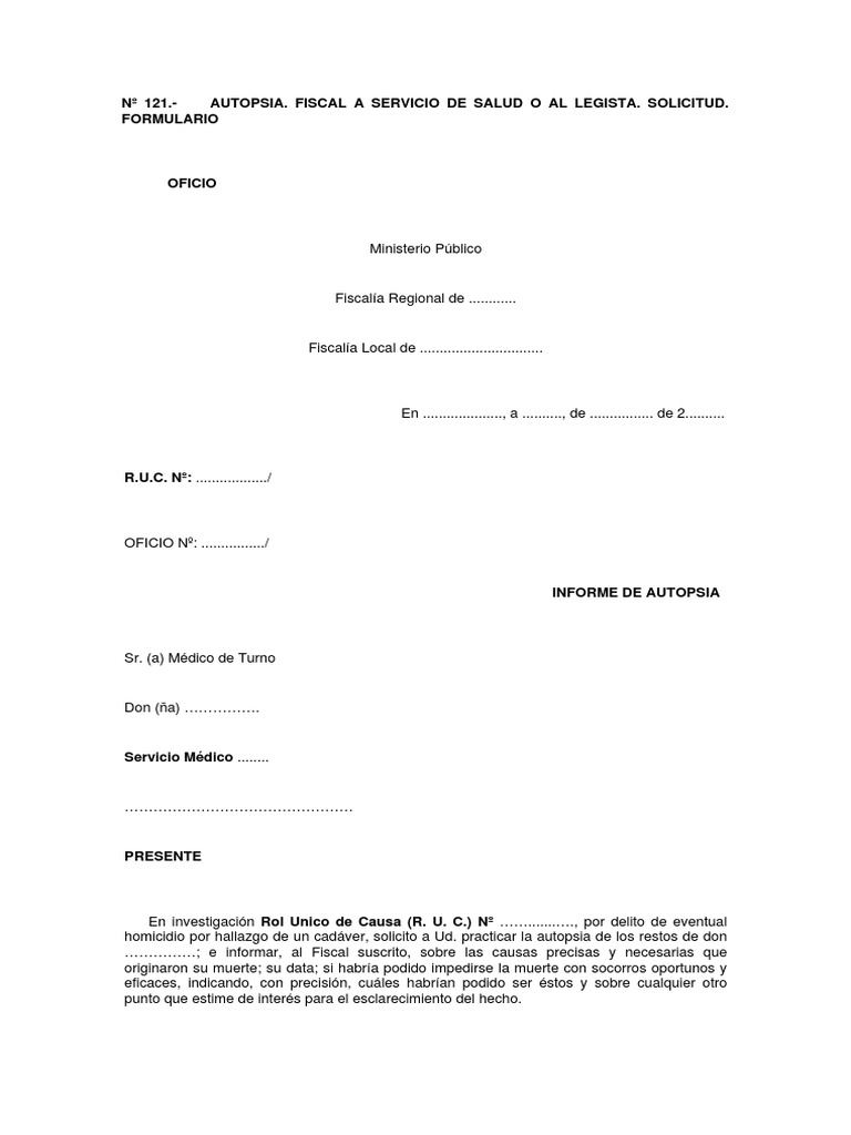 Nº 121 Autopsia. Fiscal A Servicio de Salud o Al Legista. Solicitud ...