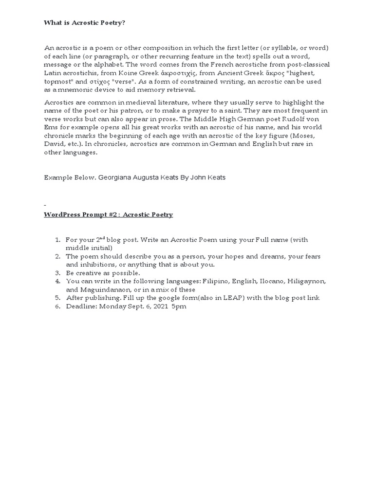 What Is Acrostic Poetry?: Georgiana Augusta Keats by John Keats | PDF ...