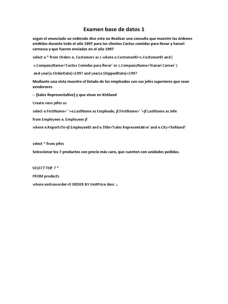 Examen Base de Datos 1 | PDF