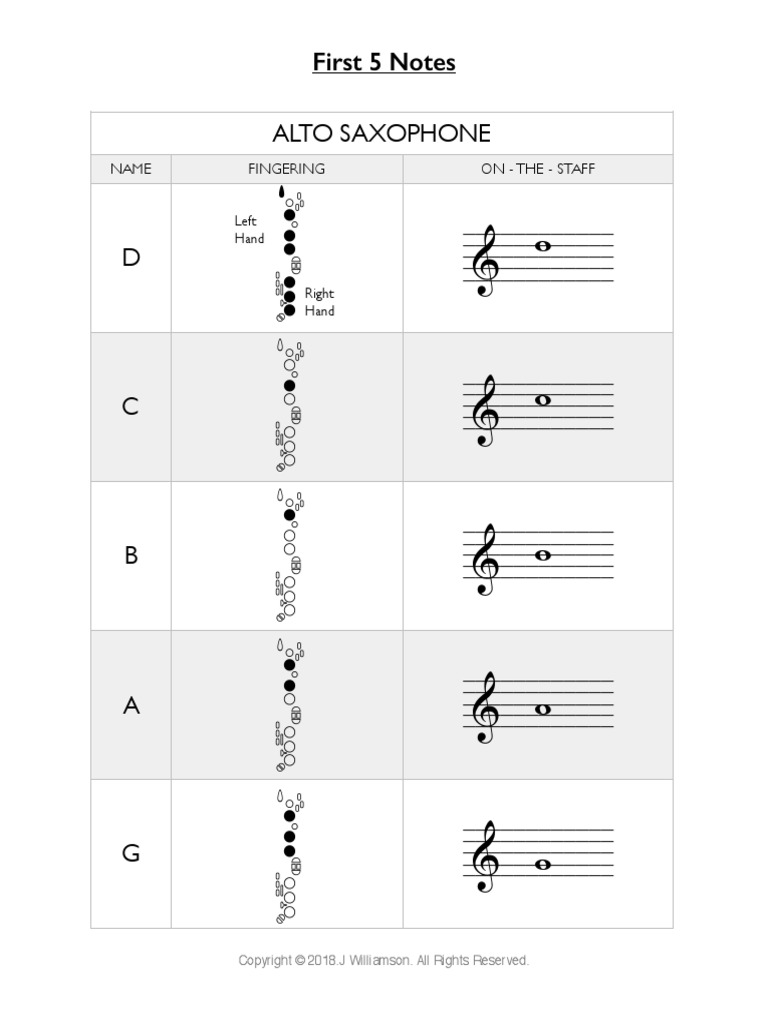 FIRST 5 NOTE CHARTS (Alto Sax) | PDF | Saxophone | Elementary Organology