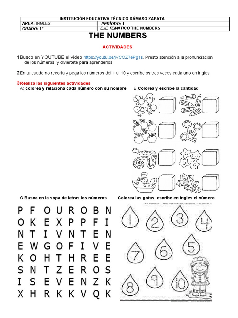 Actividades de Números en Inglés 1° Grado | PDF