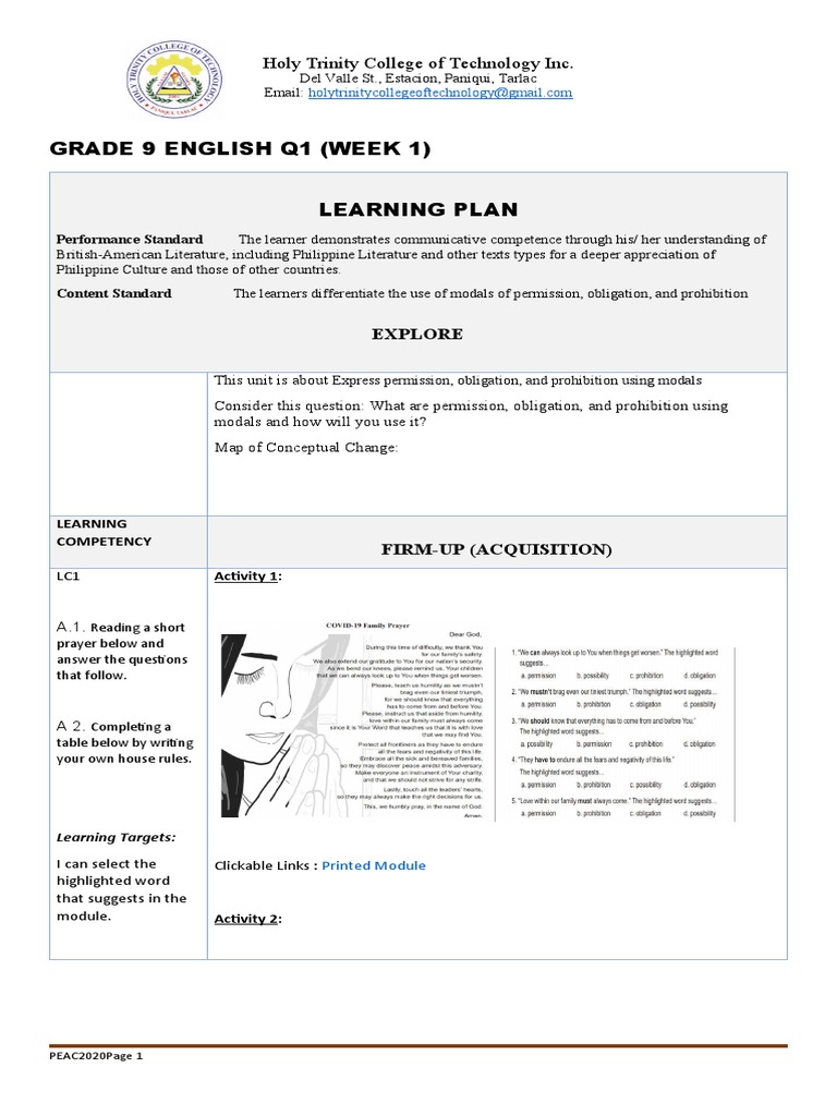 GRADE 9 Week 1 Learning Plan | PDF | Learning | Rubric (Academic)