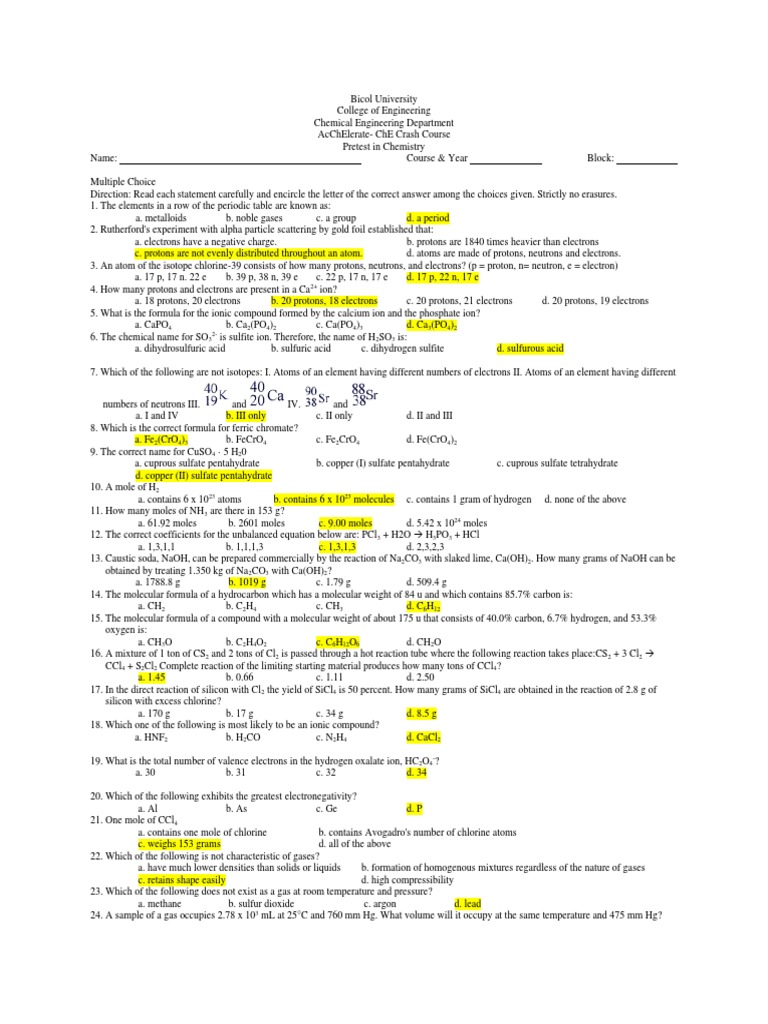Answer Key - Chemistry - Diagnostic Exam | PDF | Proton | Atoms