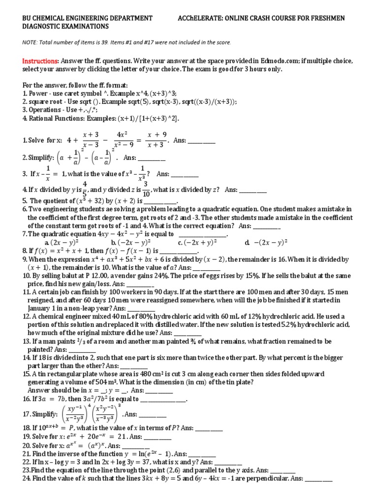 Answer Key - Math - Diagnostic Examination - 1 | PDF | Ellipse ...