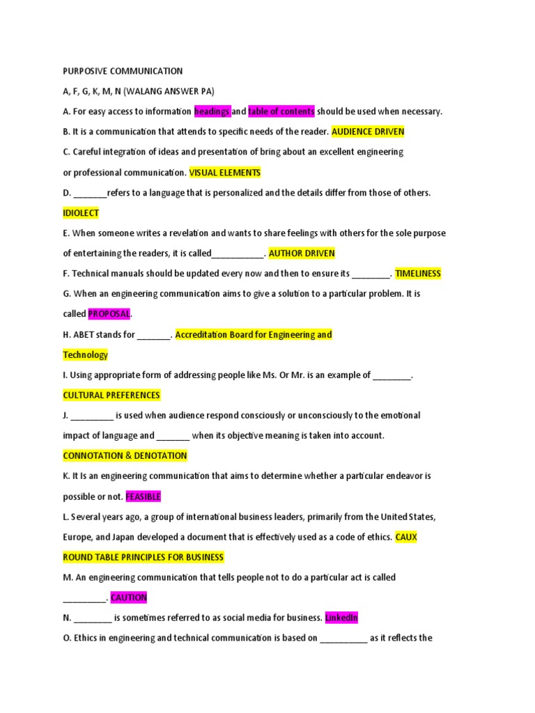 Purposive Communication Quiz 1 | PDF | Communication | Engineering