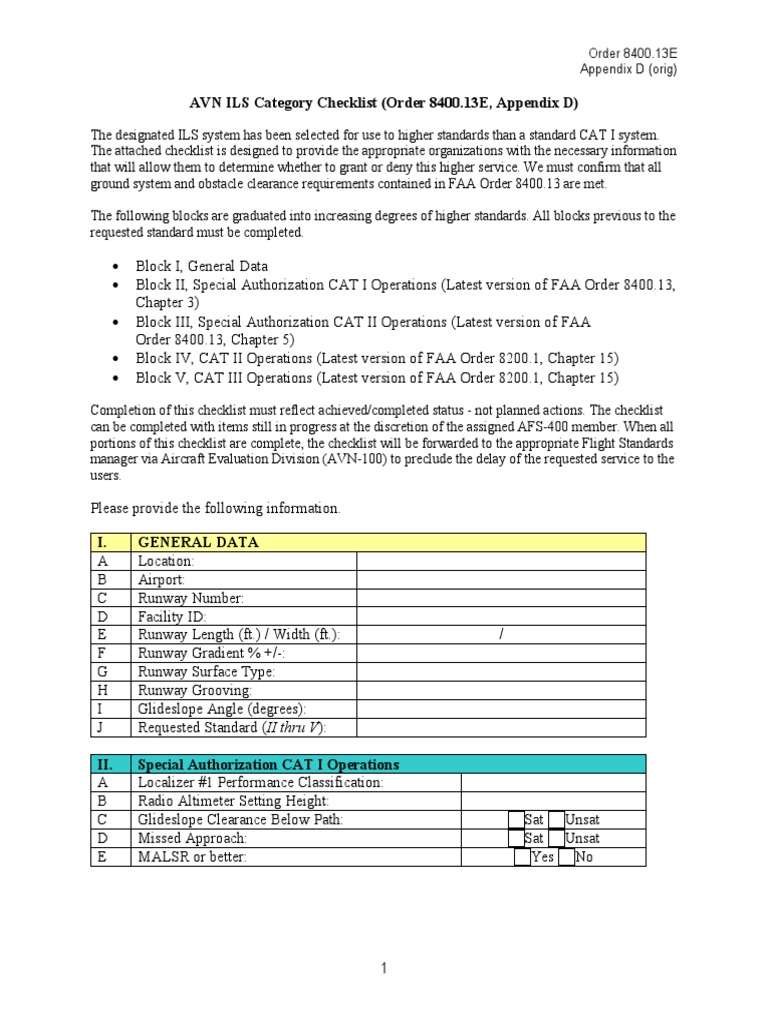 AVN ILS Category Checklist (Order 8400.13E, Appendix D) | Download Free ...