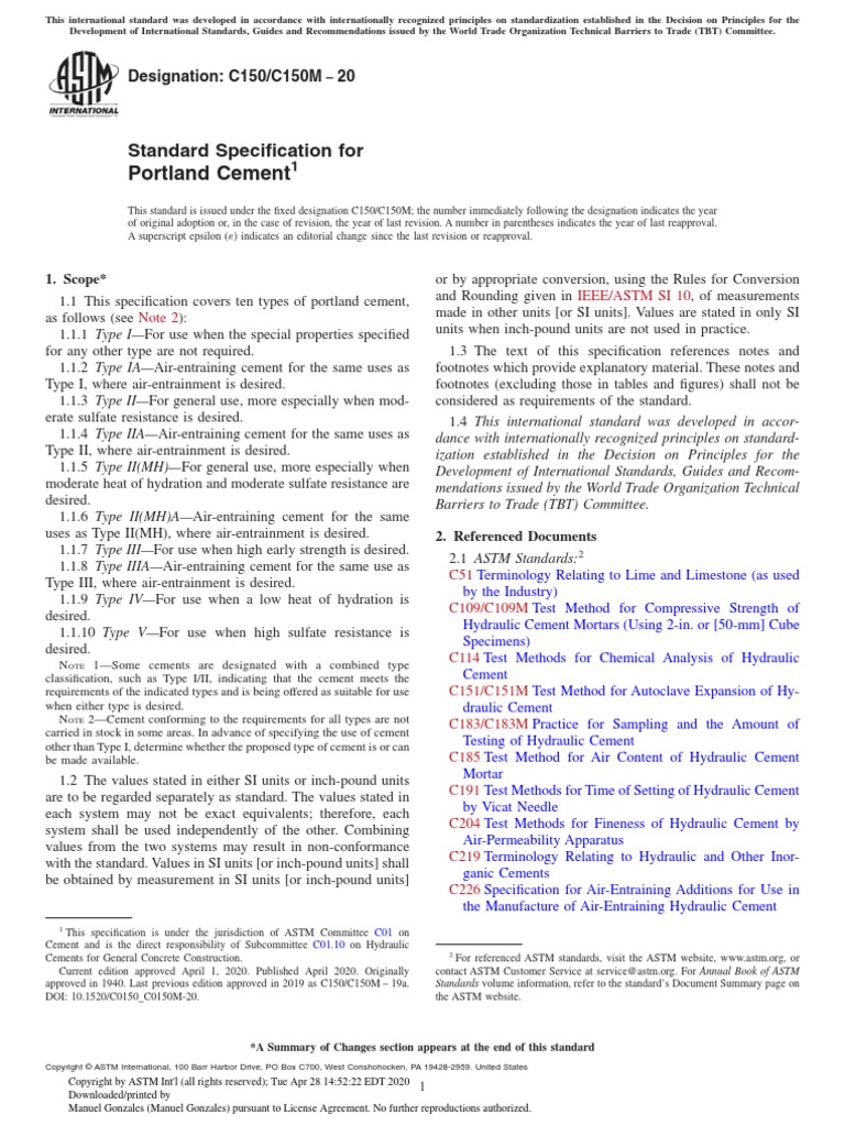 ASTM C150-20 Standard Specification For Portland Cement | PDF | Cement ...