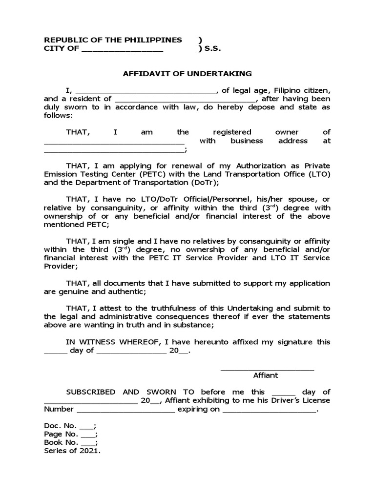 AFFIDAVIT OF UNDERTAKING FOR AN EMISSION TESTING CENTER (For Scribd) | PDF