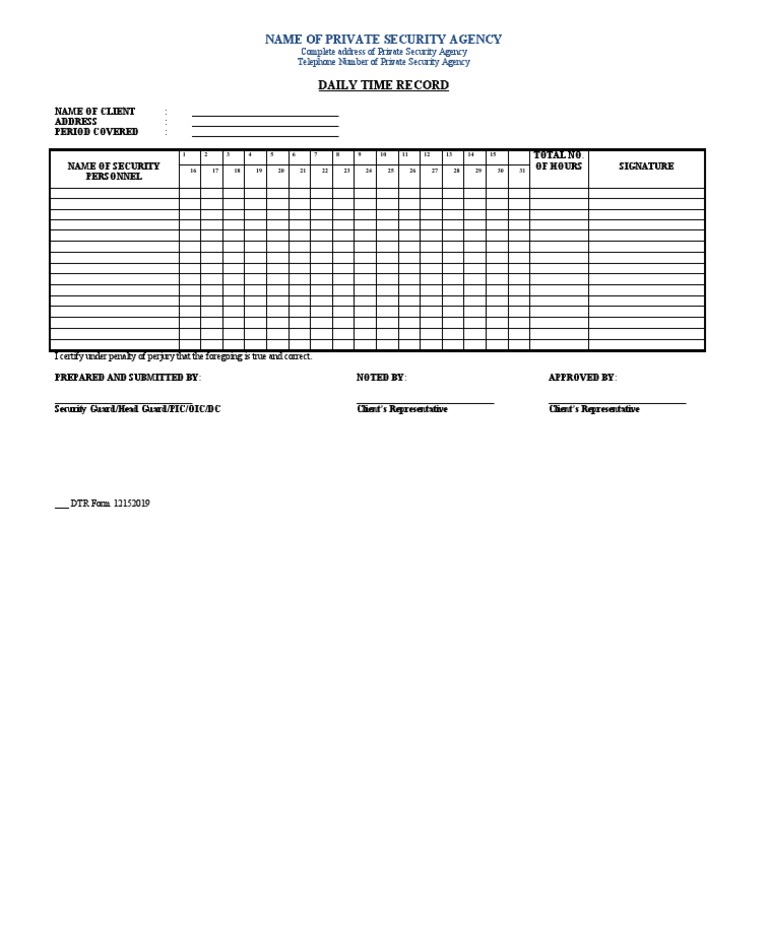 Security Guard Daily Time Record Form | PDF | Finance & Money Management