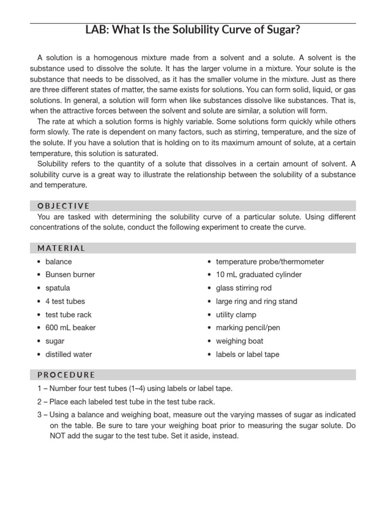 Sugar Solubility Curve Lab Guide | PDF | Solution | Solubility
