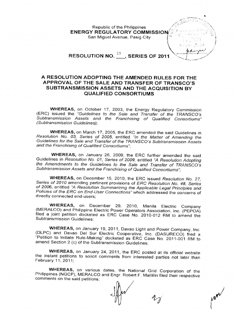 ERC Resolution No. 15 Series of 2011 | PDF