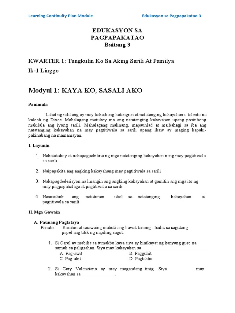 EsP 3 - Q1 - W1 - Mod1 - Kaya Ko Sasali Ako | PDF