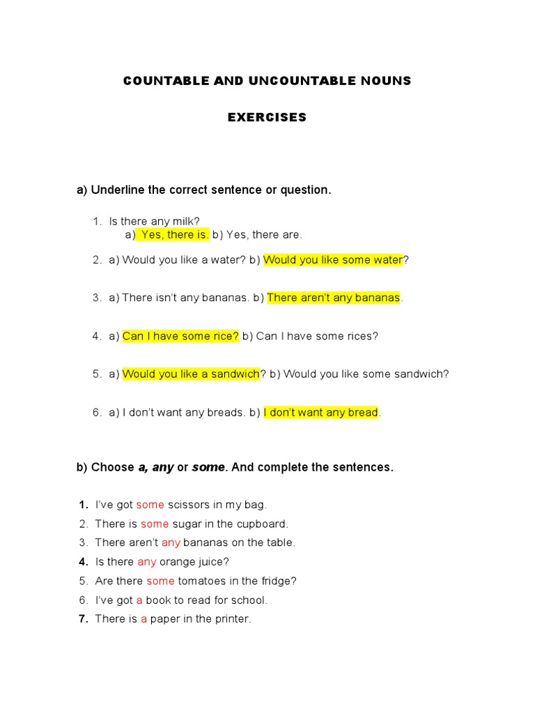 COUNTABLE AND UNCOUNTABLE NOUNS Exercises | PDF