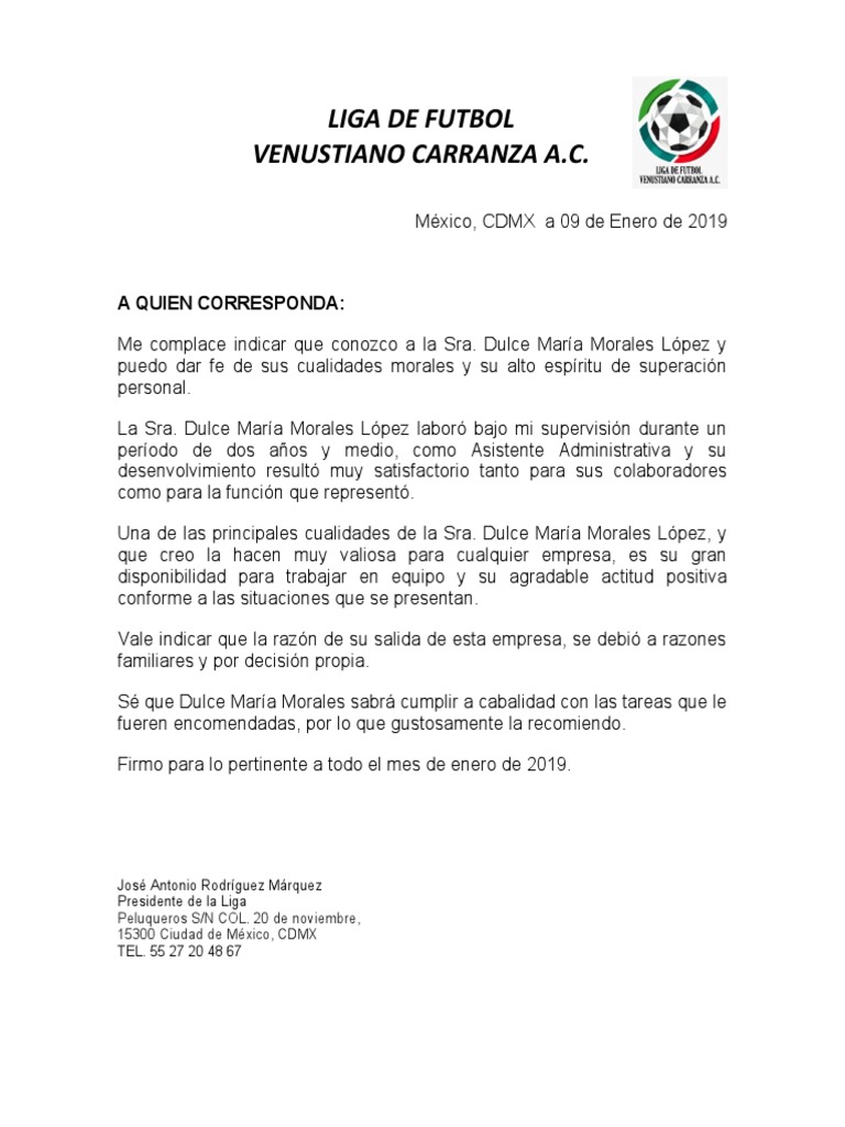 LIGA DE FUTBOL Carta de Recomendacion | PDF | Salud y bienestar