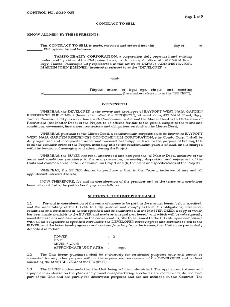 Contract to Sell Residential Condo Unit | PDF | Payments | Deed