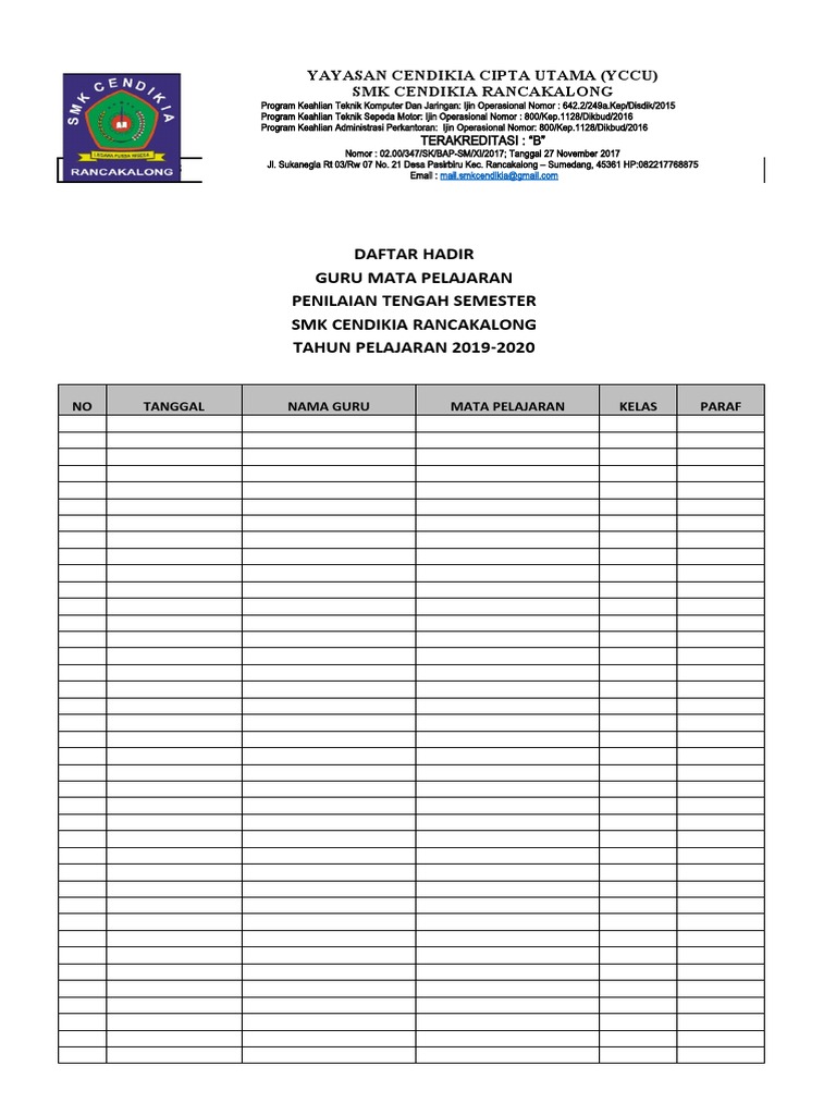 Daftar Hadir Guru PTS | PDF