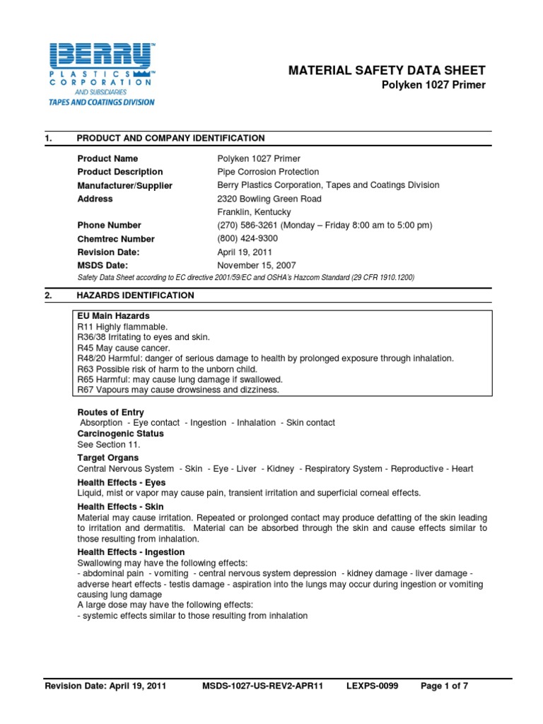 Polyken 1027 Primer MSDS Summary | PDF | Toxicity | Combustion