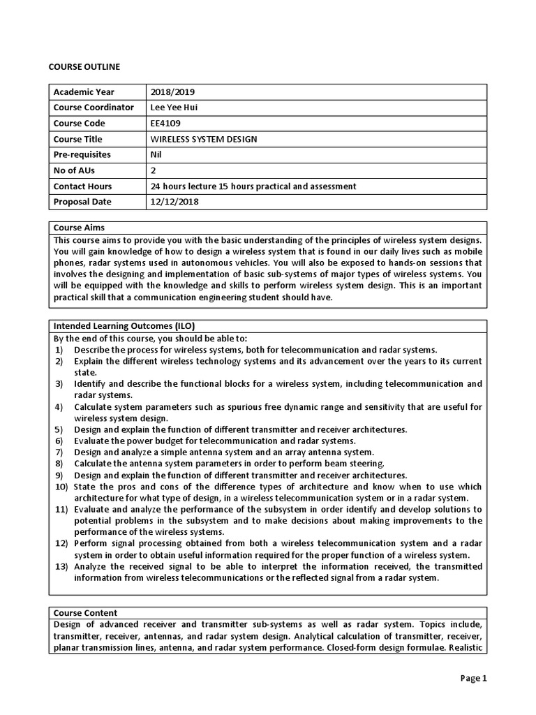 Ee4109 Wireless System Design Obtl Pdf Academic Integrity Engineering