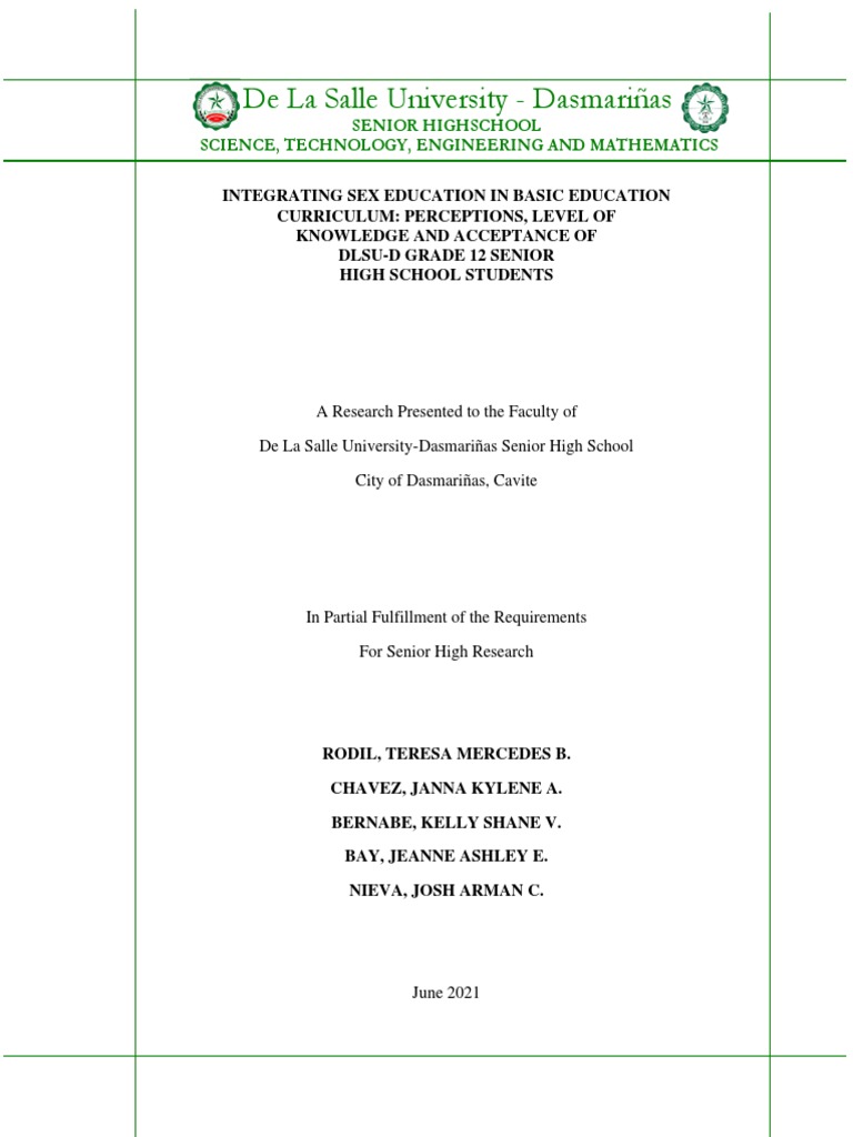 Ch1 5 Integrating Sex Education In Basic Education Curriculum Pdf Sex Education Survey