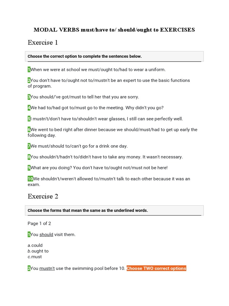 MODAL VERBS Must:have To:should:ought To Exercises | PDF | Linguistics ...