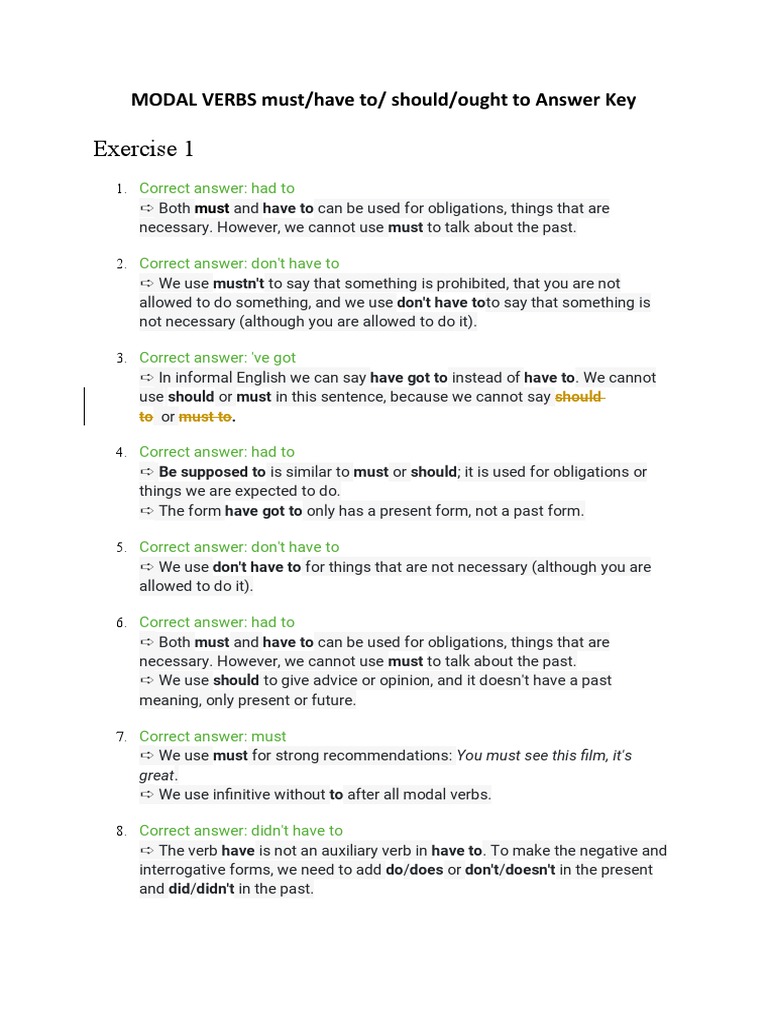 MODAL VERBS Must:have To:should:ought To Answer Key | PDF | Linguistics ...