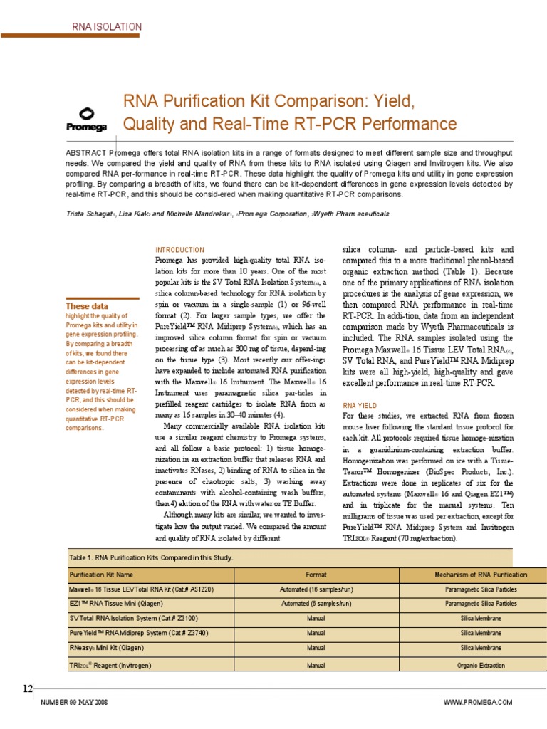 RNA Purification Kit Comparison: Yield, Quality and Real-Time RT-PCR ...