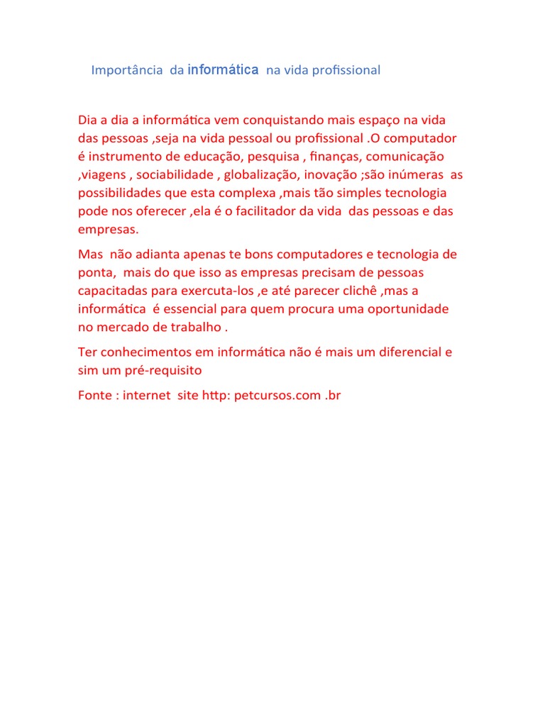 Importância Da Informática Na Vida Profissional | PDF