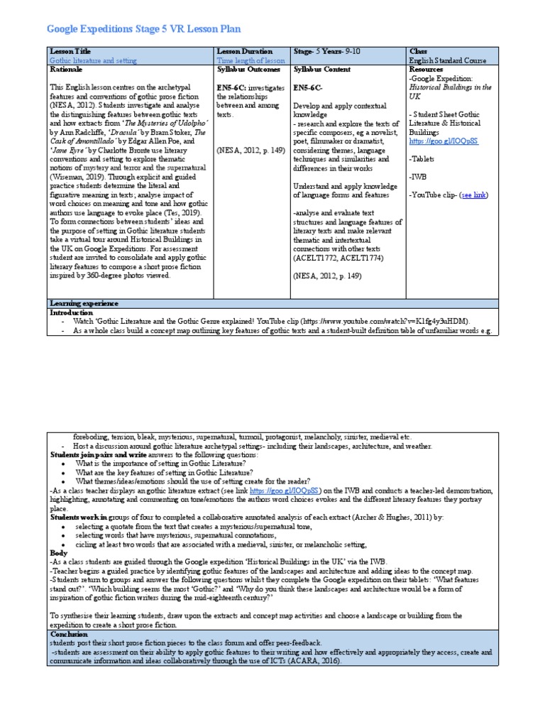 Gothic Literature VR Lesson Plan | PDF | Gothic Fiction | Educational ...