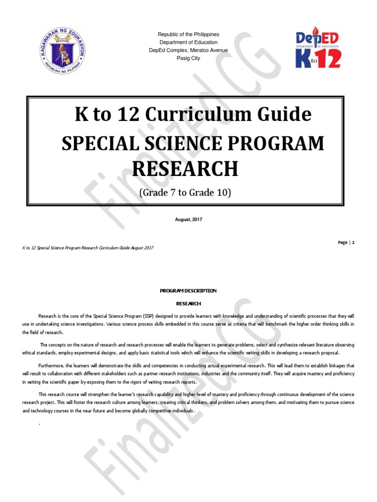 K to 12 Special Science Program Research Curriculum Guide: Laying the ...
