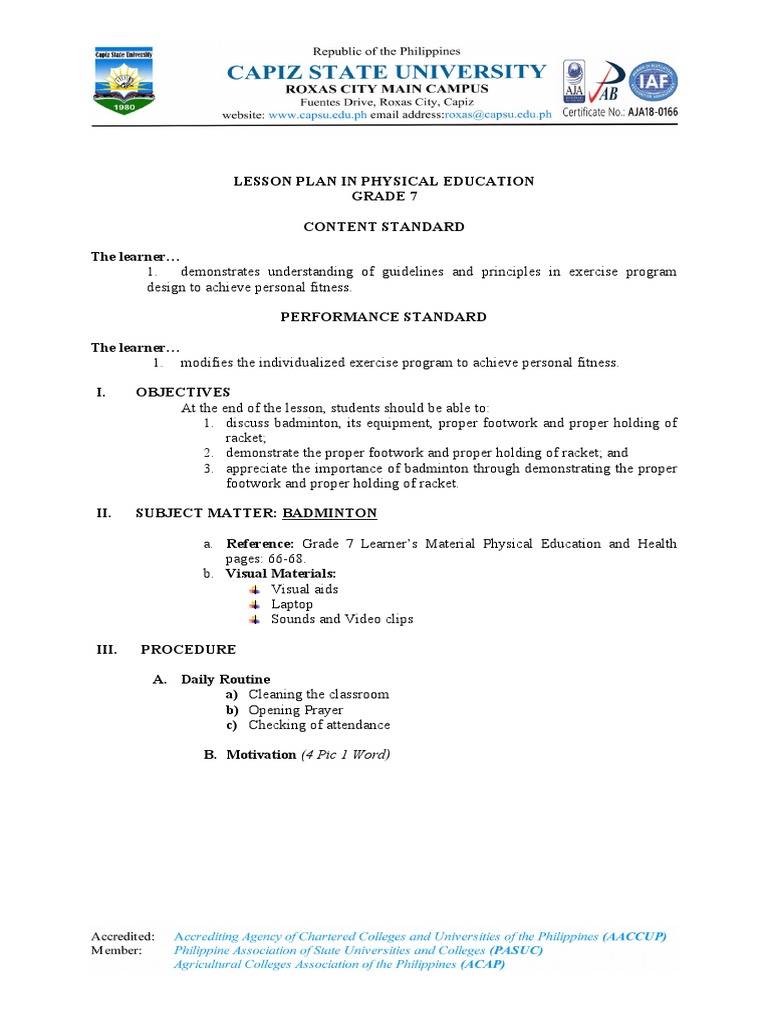 Lesson Plan - Badminton | PDF | Racquet Sports | Behavior Modification