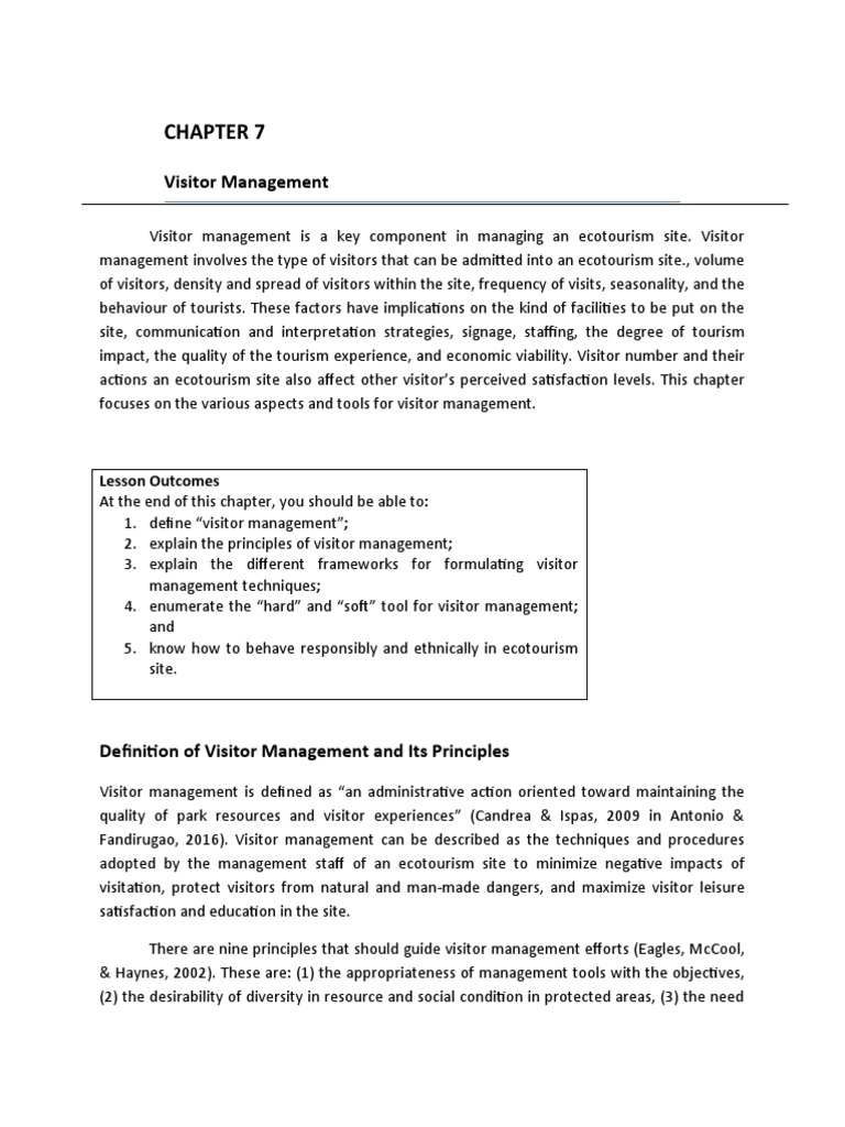 Visitor Management: Lesson Outcomes | PDF | Sustainability | Tourism