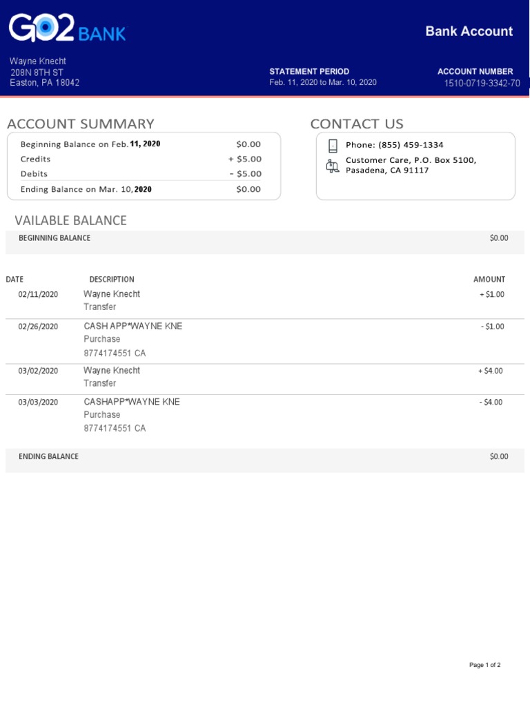 Go2Bank Account Statement Summary | PDF | Receipt | Banking