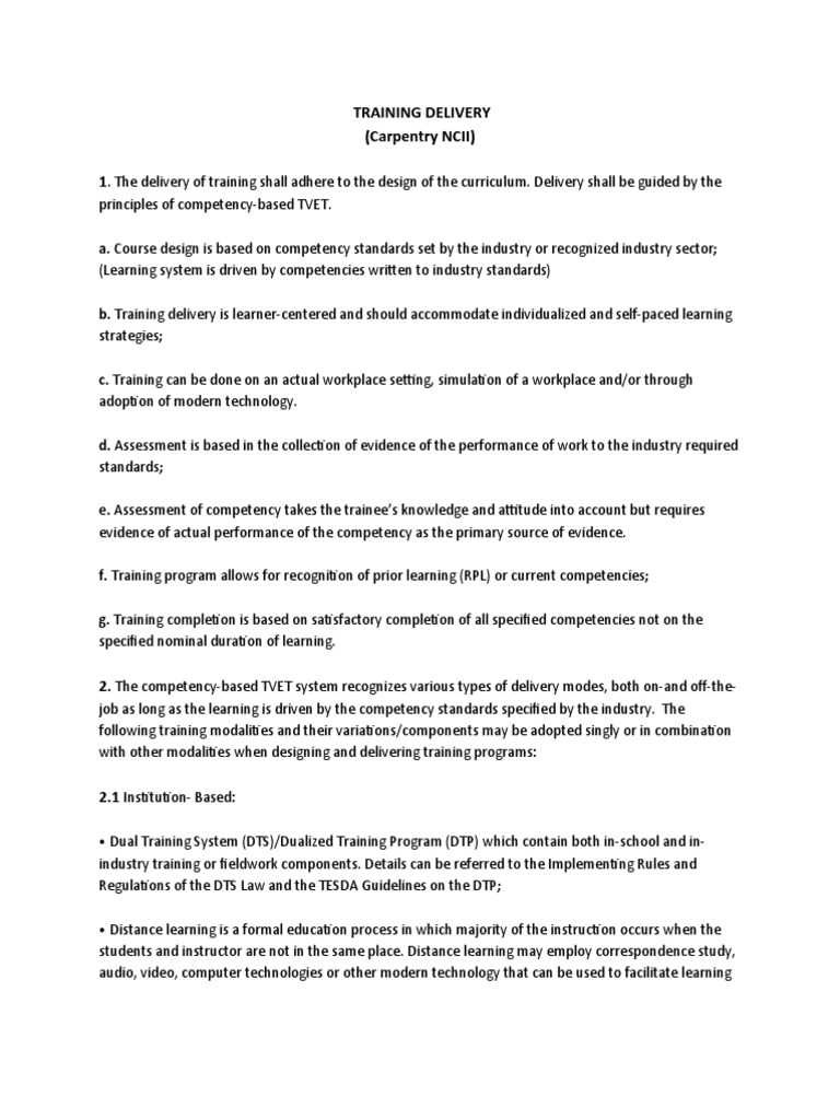 Training Delivery (Carpentry NCII) 1 | PDF | Learning | Apprenticeship