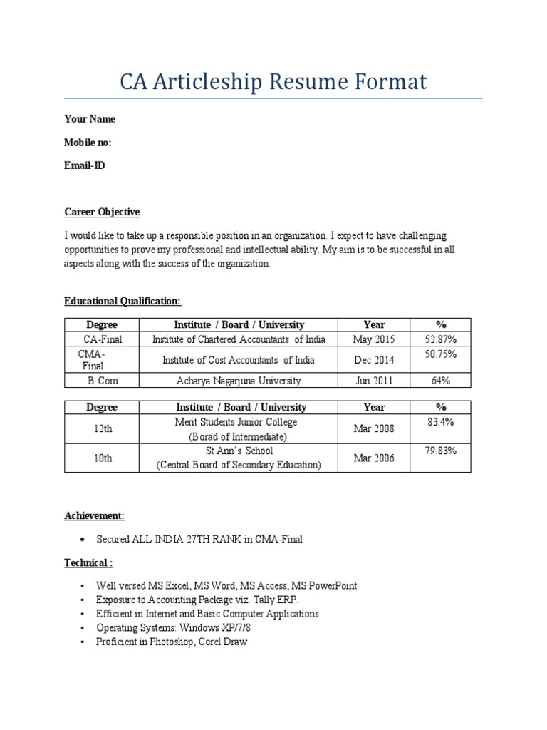CA Articleship Resume Format | PDF | Audit