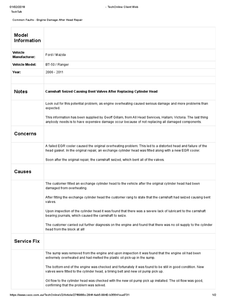 BT50 Common Faults - Engine Damage After Head Repair | PDF | Engine ...