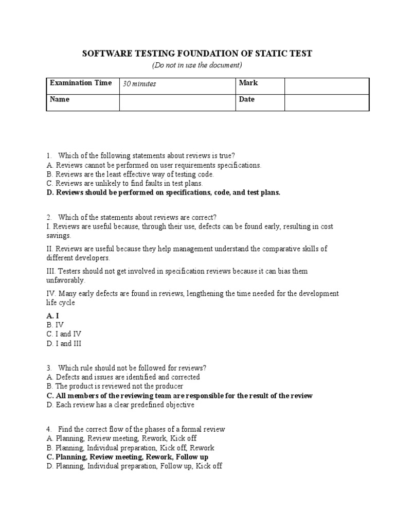 Software Testing Foundation of Static Test: Examination Time Mark Name ...