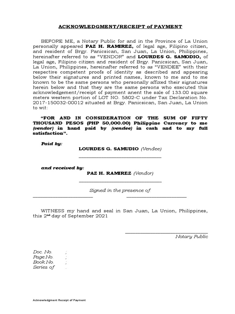 Cash Receipt Acknowledgement