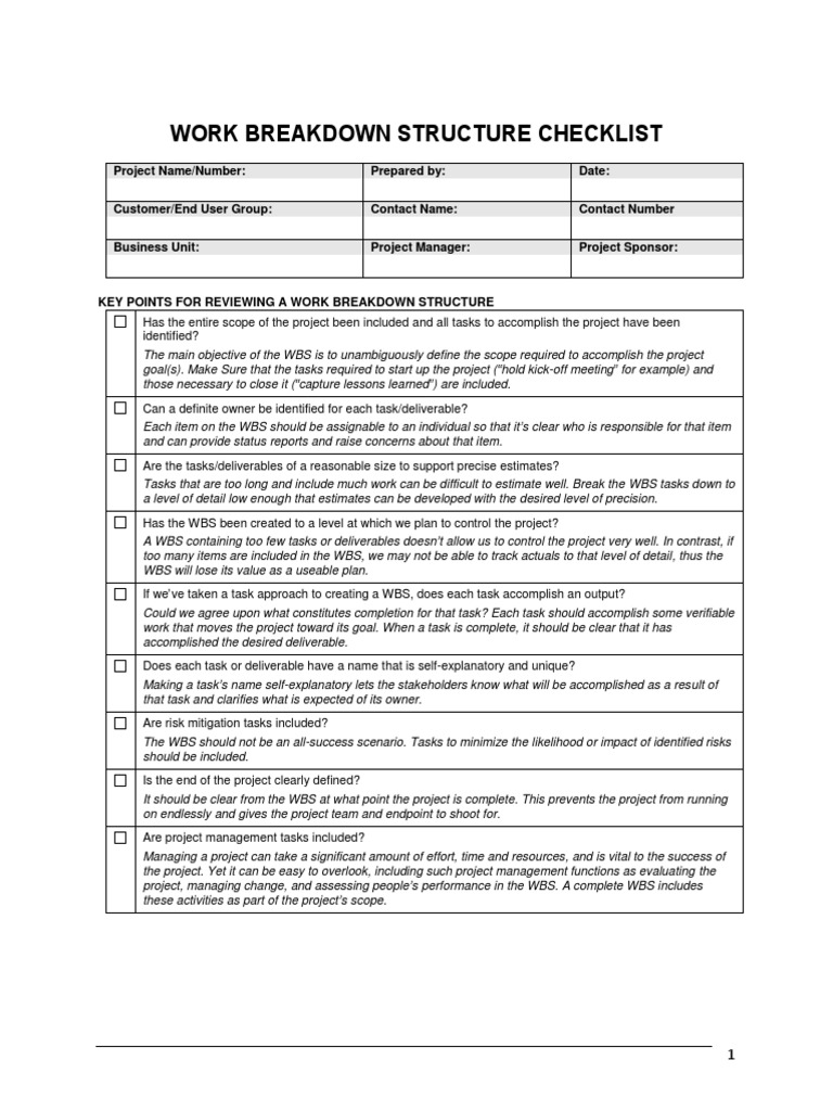 Work Breakdown Structure Checklist: Project Name/Number: Prepared By ...