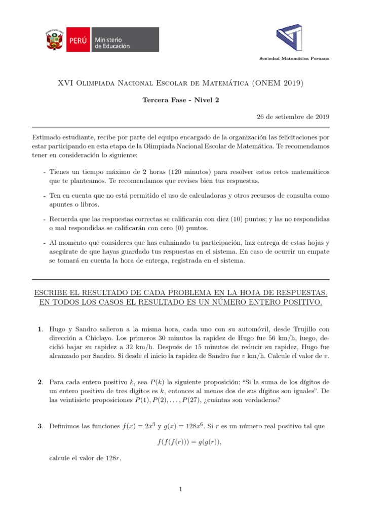 ONEM 2019 - Tercera Fase Nivel 2 - 178569 | PDF | Entero | Objetos matemáticos