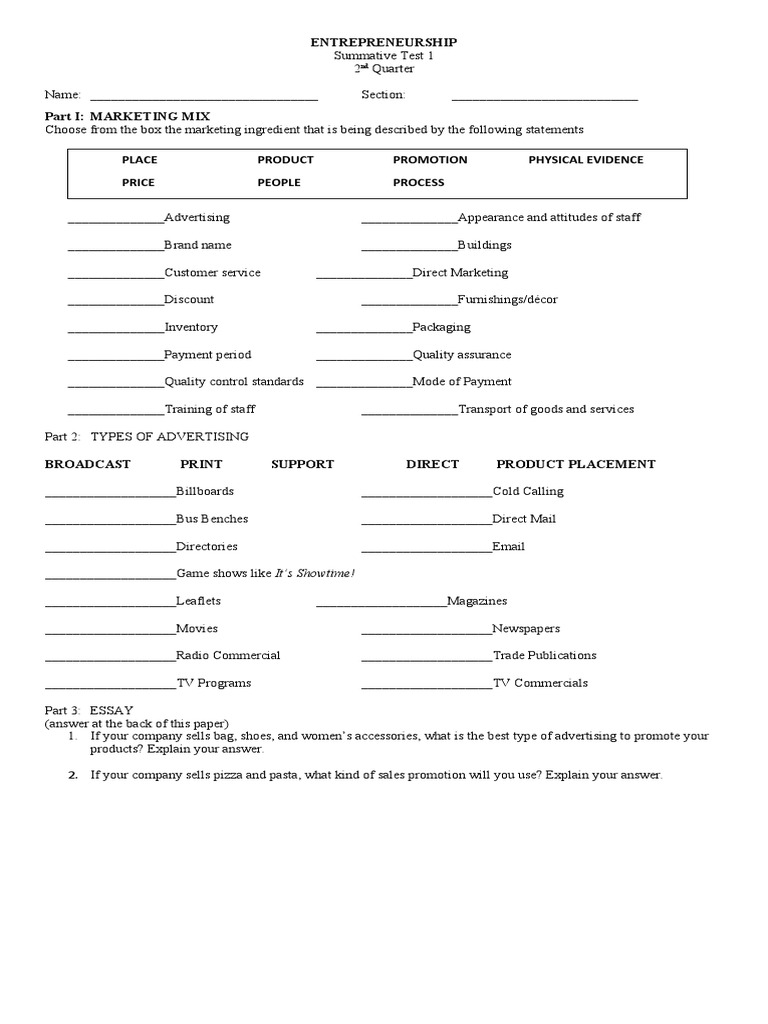 ENTREPRENEURSHIP 2nd Summative Test | PDF