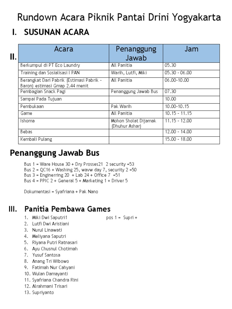 Rundown Acara Piknik Pantai Drini | PDF
