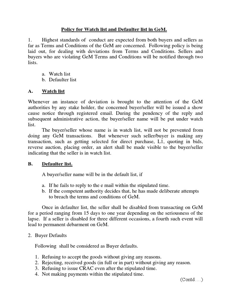 GeM Watch and Defaulter List Policy | PDF | Justice | Crime & Violence
