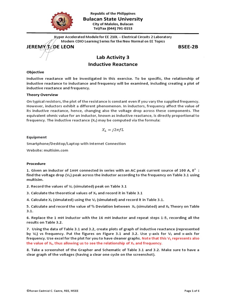 DE LEON - LAB 3 - Inductive Reactance | PDF | Inductance | Inductor