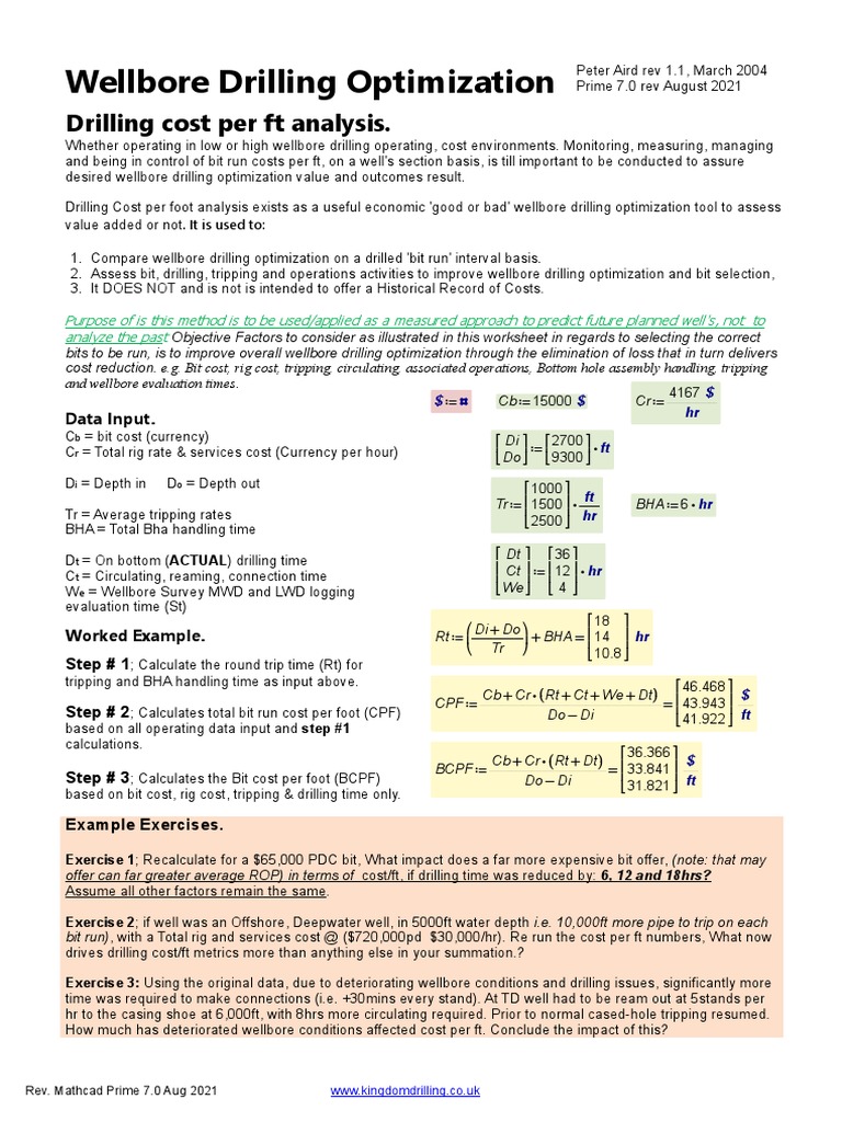 Mathcad Drilling Cost Per Foot Analysis Worksheet-1 | PDF | Borehole ...
