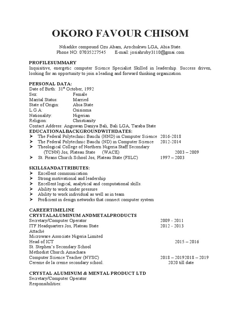 Okoro Favour Chisom: Profilesummary | PDF | Computer Science | Information Technology