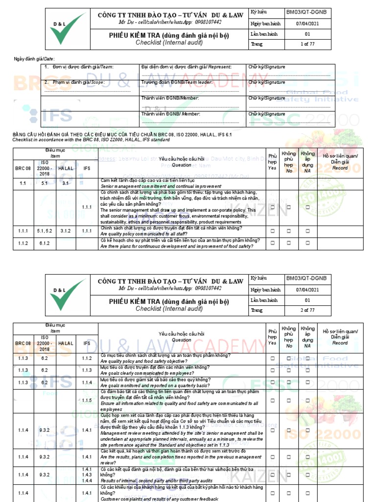 Audit Checklist On BRC 8 - IsO22k2018 - IfS - Halal | PDF