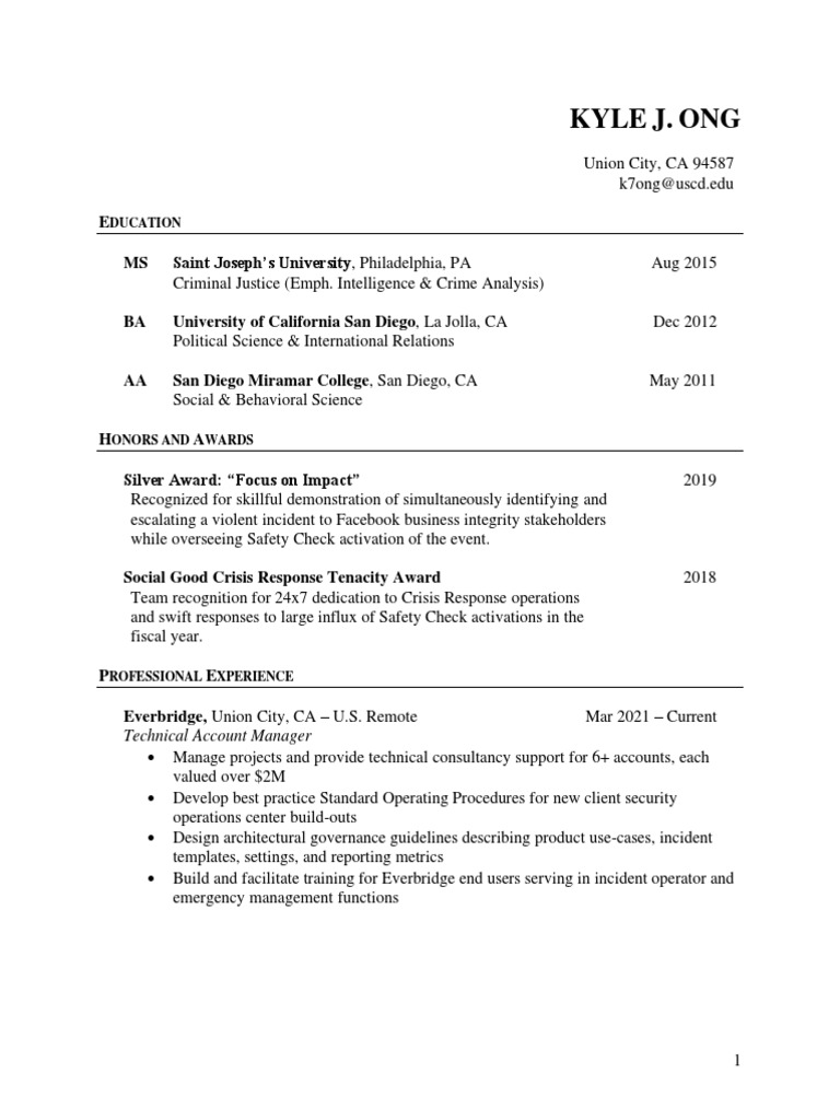 Kyle Ong Curriculum Vitae | PDF | Facebook | United States Department ...