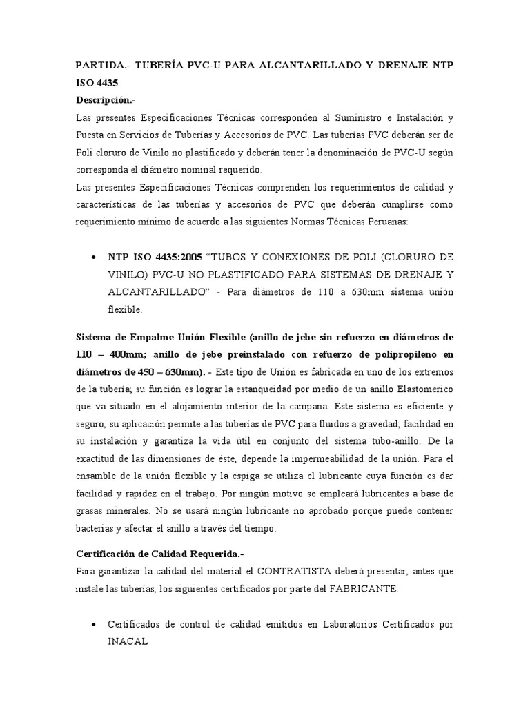 Especificaciones Tecnicas - NTP ISO 4435 | PDF | Tubería (transporte de ...