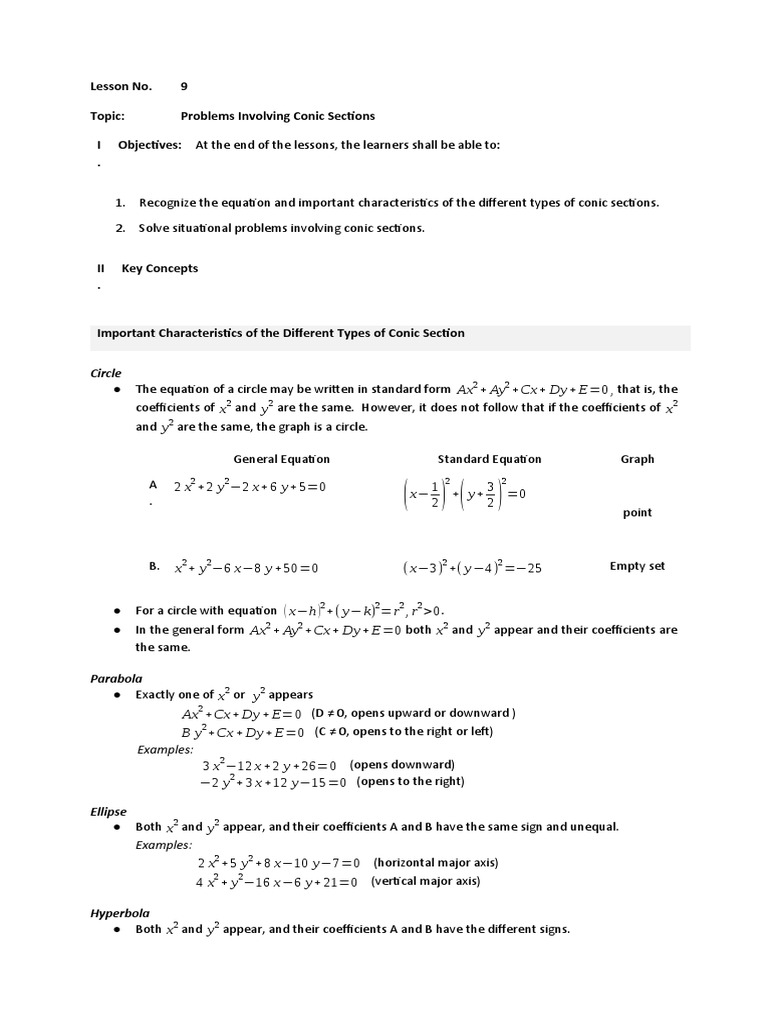 Lesson 9 - PROBLEMS INVOLVING CONIC SECTIONS | PDF | Geometry ...